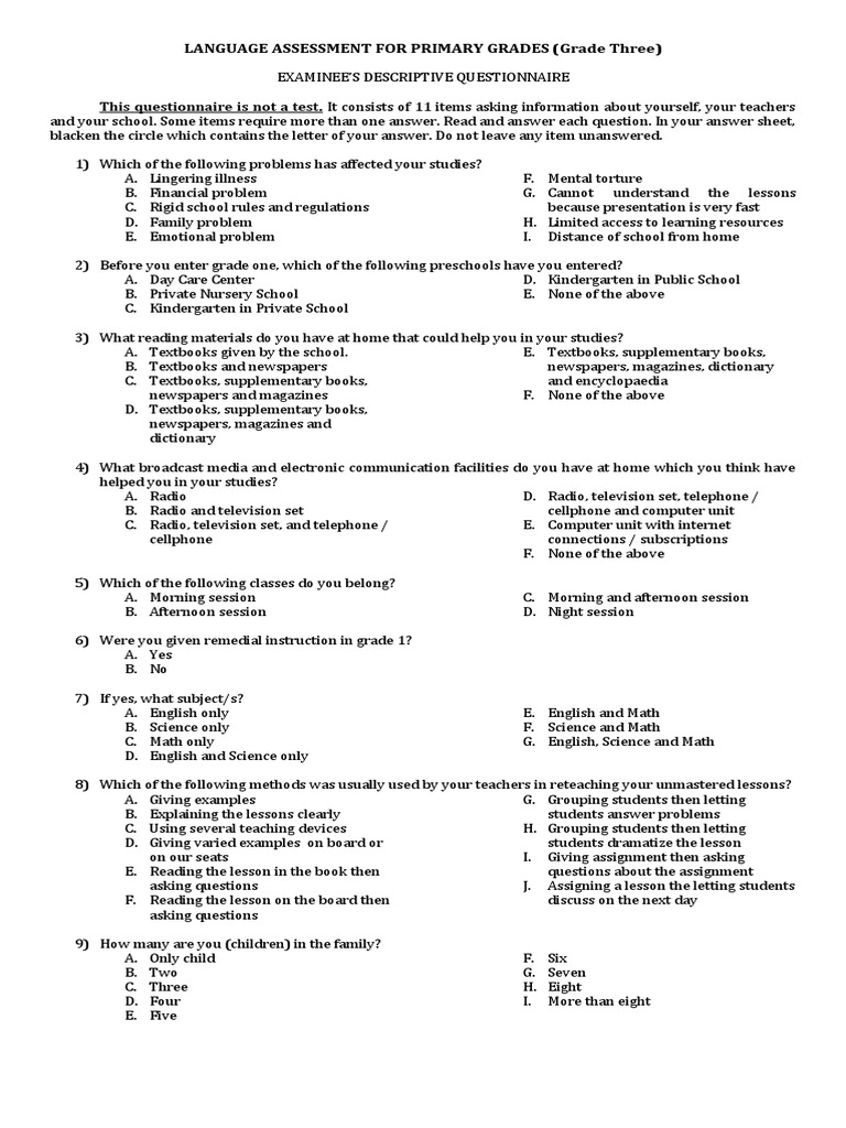 GRADE 3 LAPG Examinees Descriptive Questionnaire | PDF | Schools ...