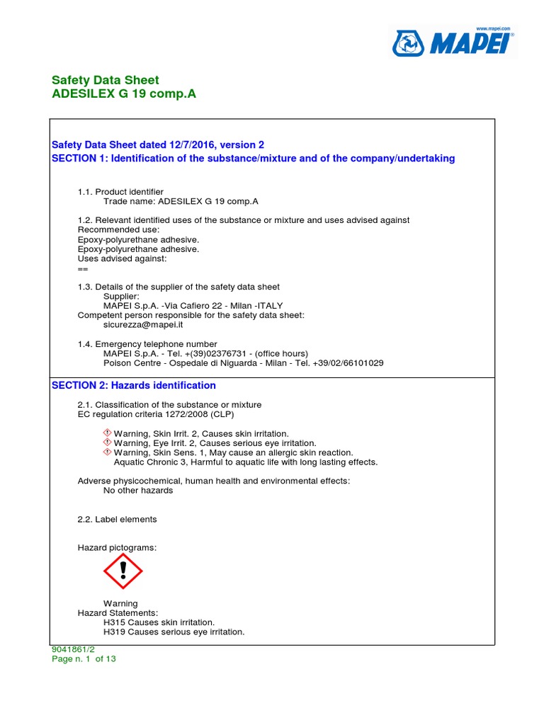 Safety Data Sheet for Epoxy-Polyurethane Adhesive | PDF | Dangerous Goods | Sodium