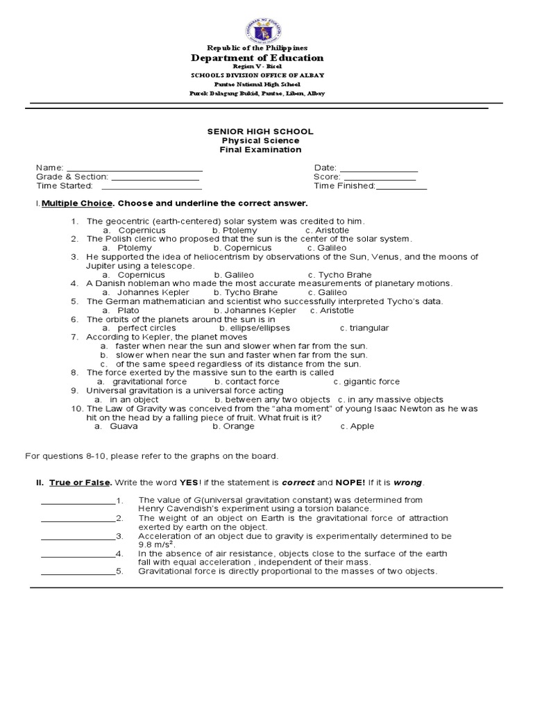 MPT Final Exam Physical Science | PDF | Gravity | Mass