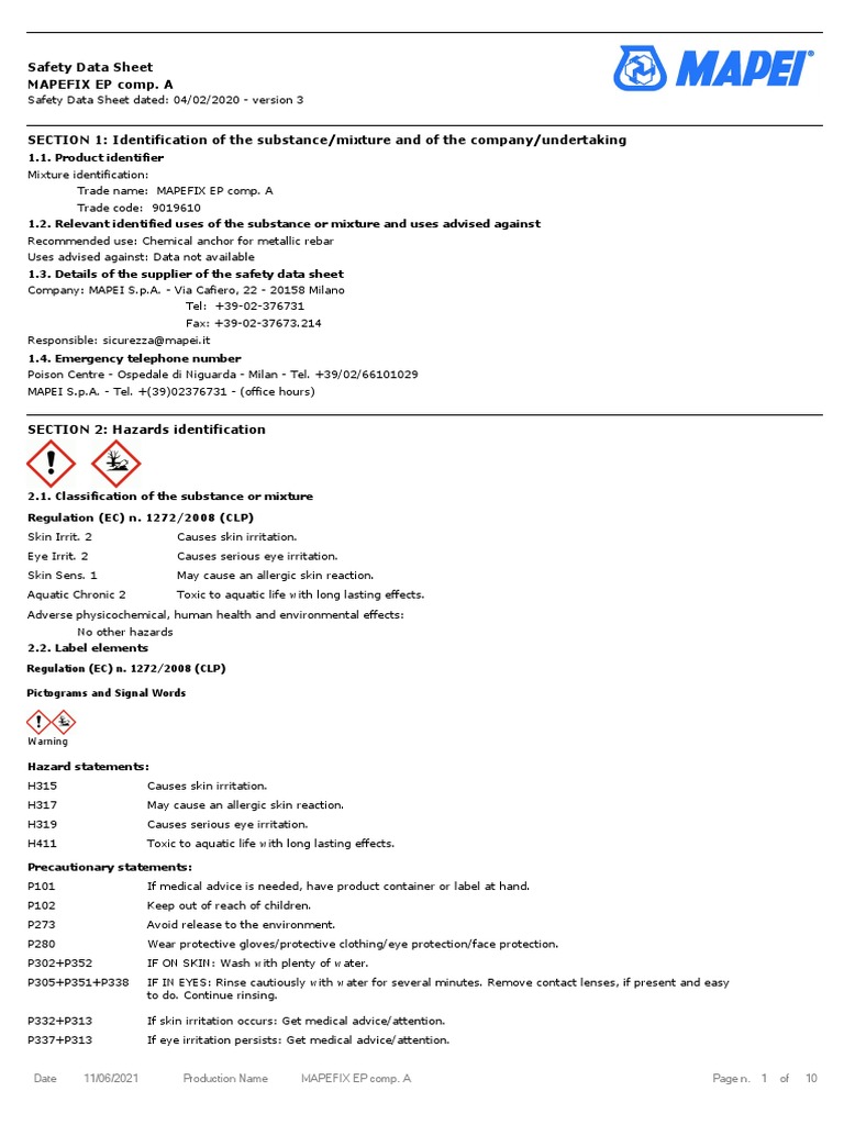 Mapefix EP Comp A - MSDS | PDF | Dangerous Goods | Toxicity