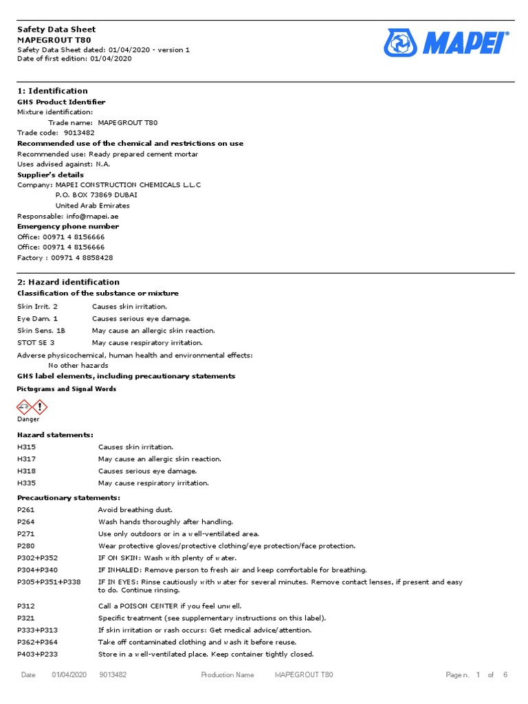 Mapegrout T80 - MSDS | Download Free PDF | Dangerous Goods | Chemistry