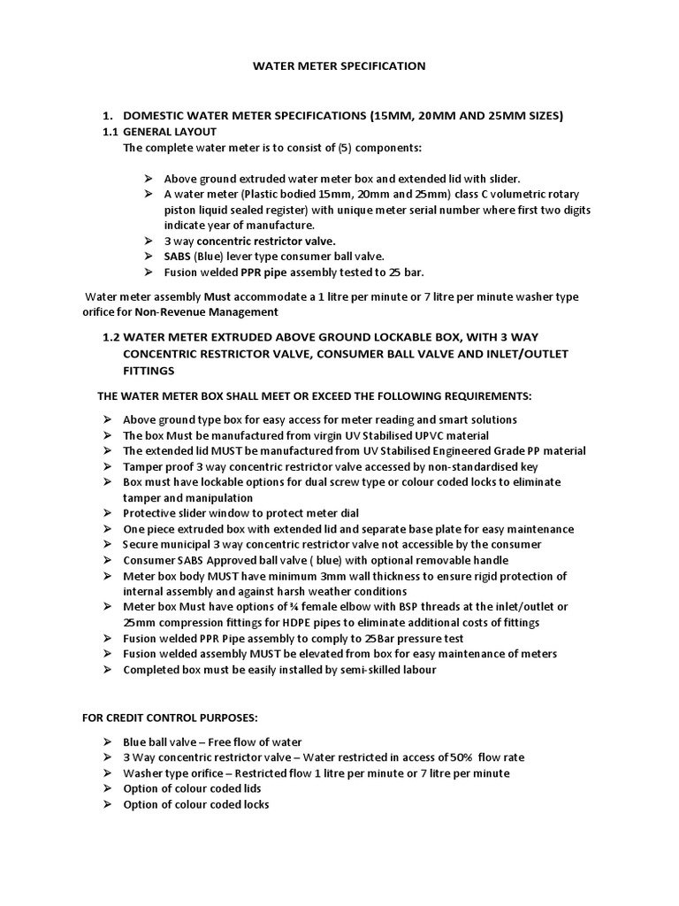 Water Meter Specifications Overview | PDF | Valve | Pipe (Fluid Conveyance)