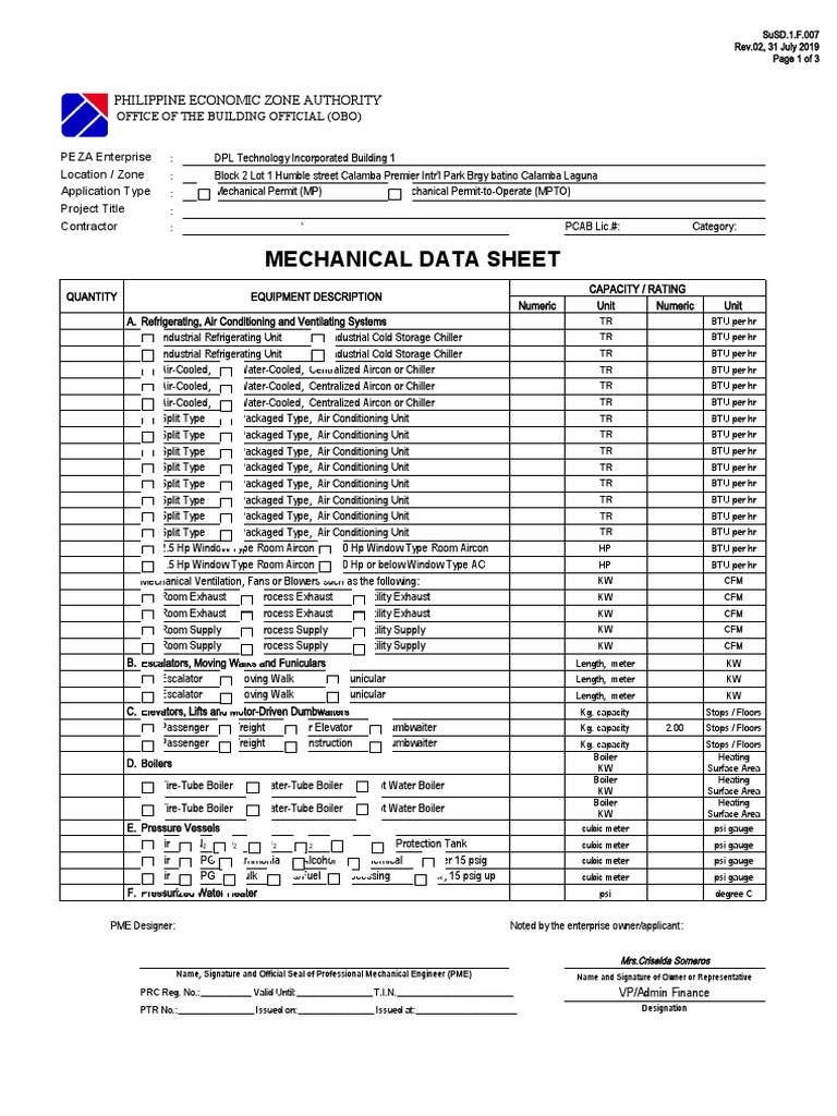 Mechanical Data Sheet: Philippine Economic Zone Authority | PDF | Air ...