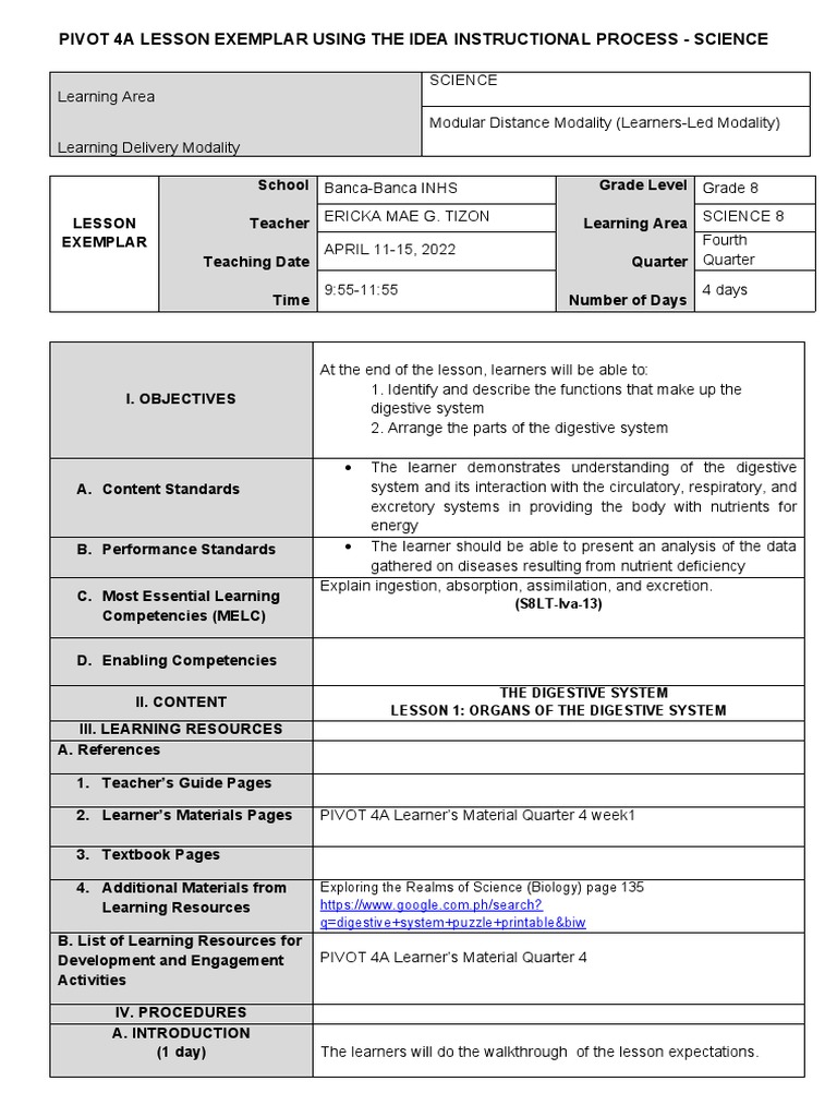 Pivot 4A Lesson Exemplar Using The Idea Instructional Process - Science | PDF | Learning | Digestion