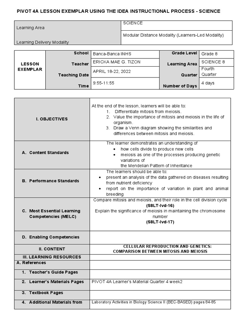 Pivot 4A Lesson Exemplar Using The Idea Instructional Process - Science ...