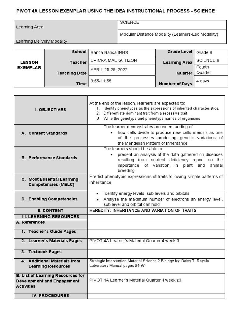 Pivot 4A Lesson Exemplar Using The Idea Instructional Process - Science ...