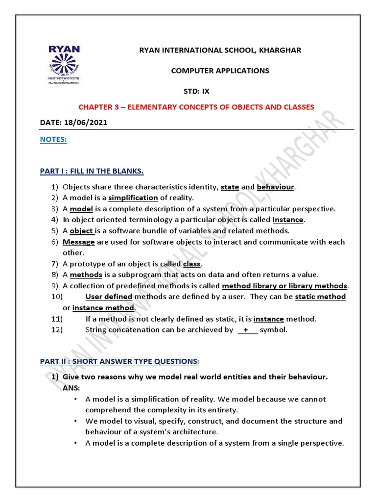 Chapter 3 - Elementary Concepts of Objects and Classes: Ryan International School, Kharghar ...