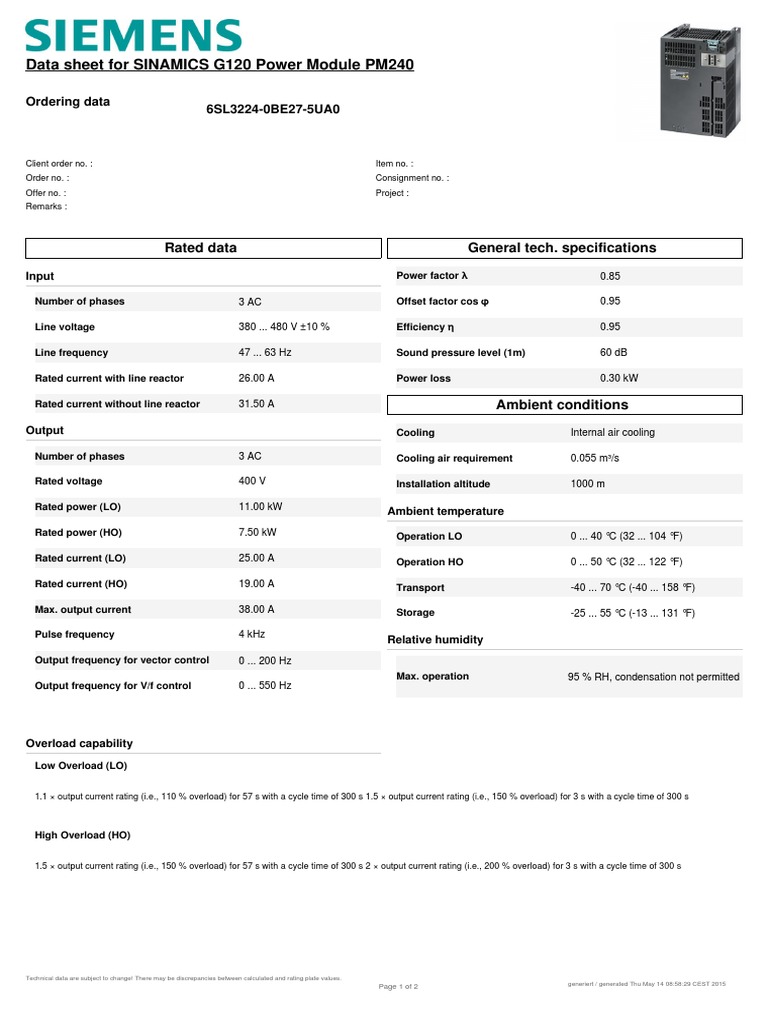 Data Sheet For SINAMICS G120 Power Module PM240: Rated Data General Tech. Specifications | PDF ...