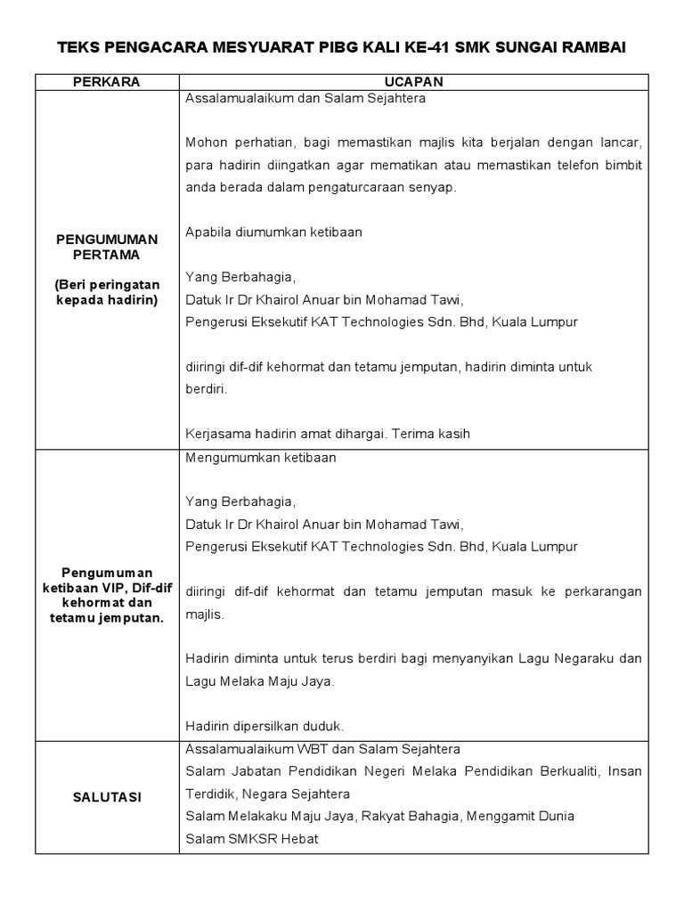 Teks Pengacara Mesyuarat Pibg Kali Ke-41 SMKSR | PDF