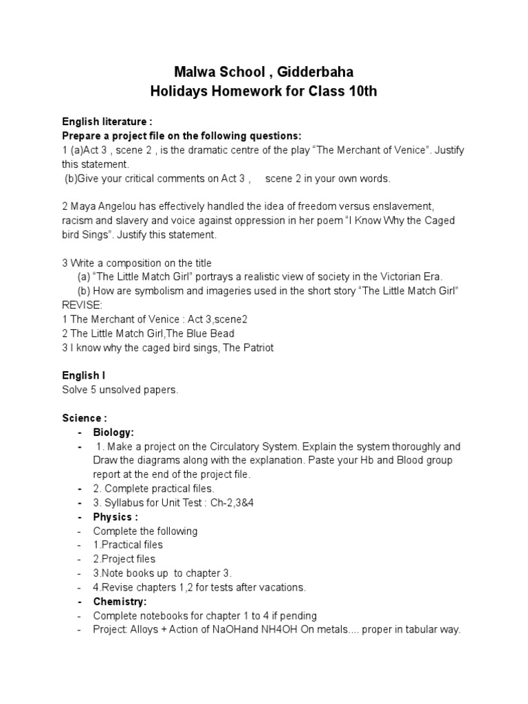 Class 10 Holiday Homework Assignments | PDF | Teaching Methods & Materials