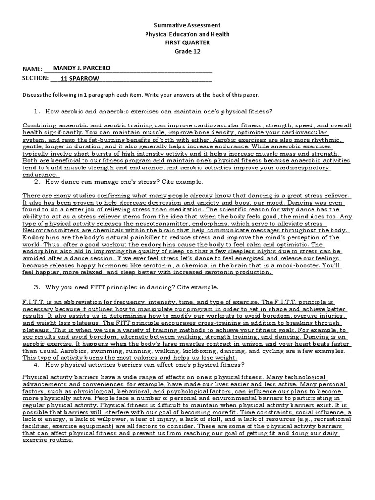 FIRST QTR Summative Assessment PE 12 | PDF | Physical Fitness | Aerobic ...