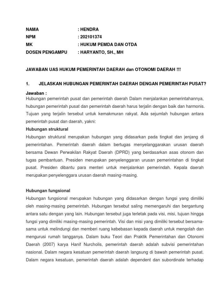 Jawaban Uas Mk. Hukum Pemda Dan Otda | PDF