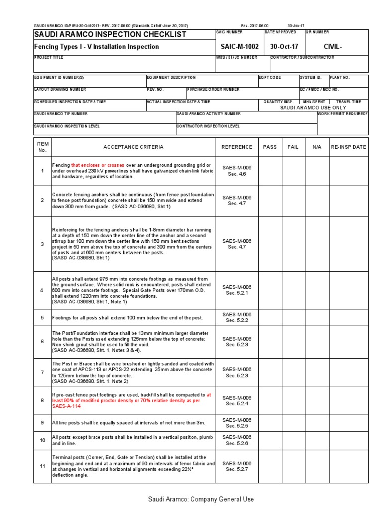 Saudi Aramco Inspection Checklist: Fencing Types I - V Installation ...