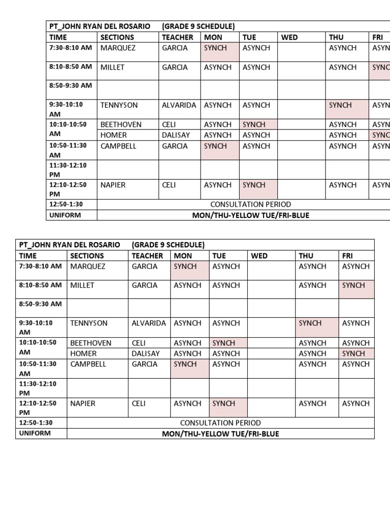 Grade 9 Weekly Class Schedule | PDF | Art