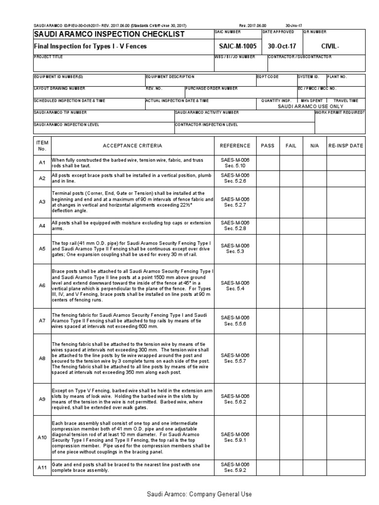 Saudi Aramco Inspection Checklist: Final Inspection For Types I - V ...