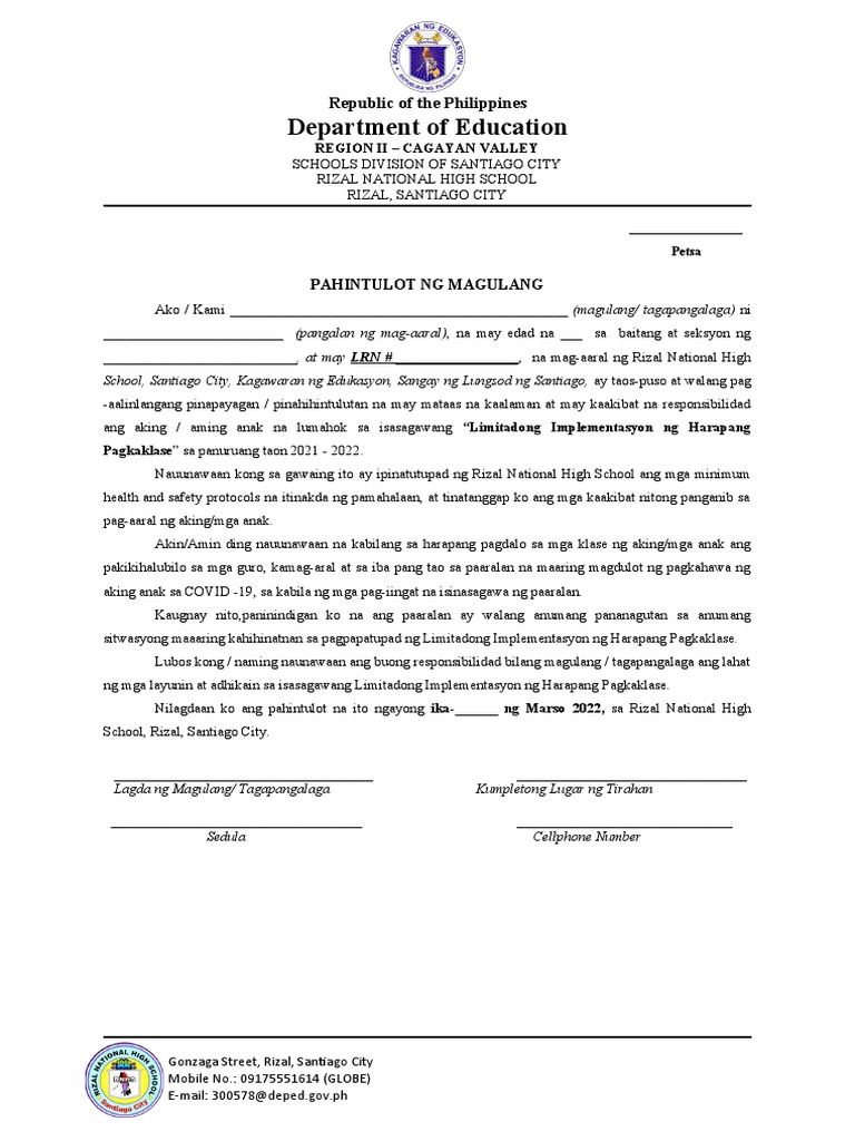 Pahintulot NG Magulang F2F | PDF