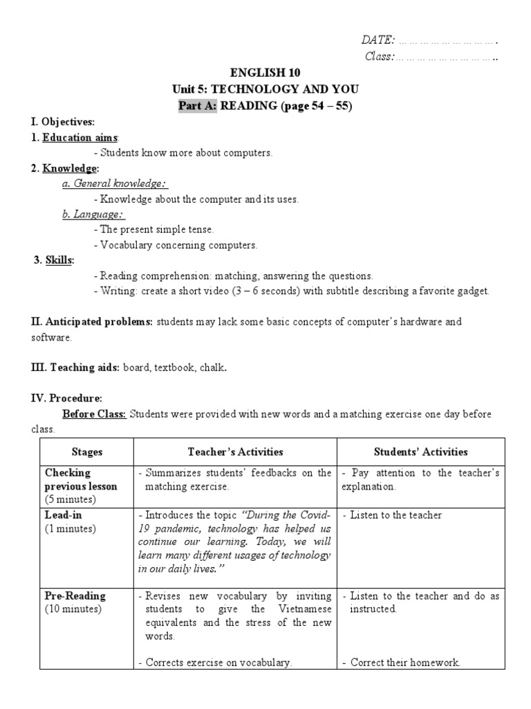 English 10 - Unit 5 Technology and You - Reading | PDF | Teachers ...