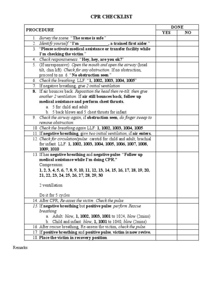 CPR Checklist | PDF | Cardiopulmonary Resuscitation | Medical Specialties