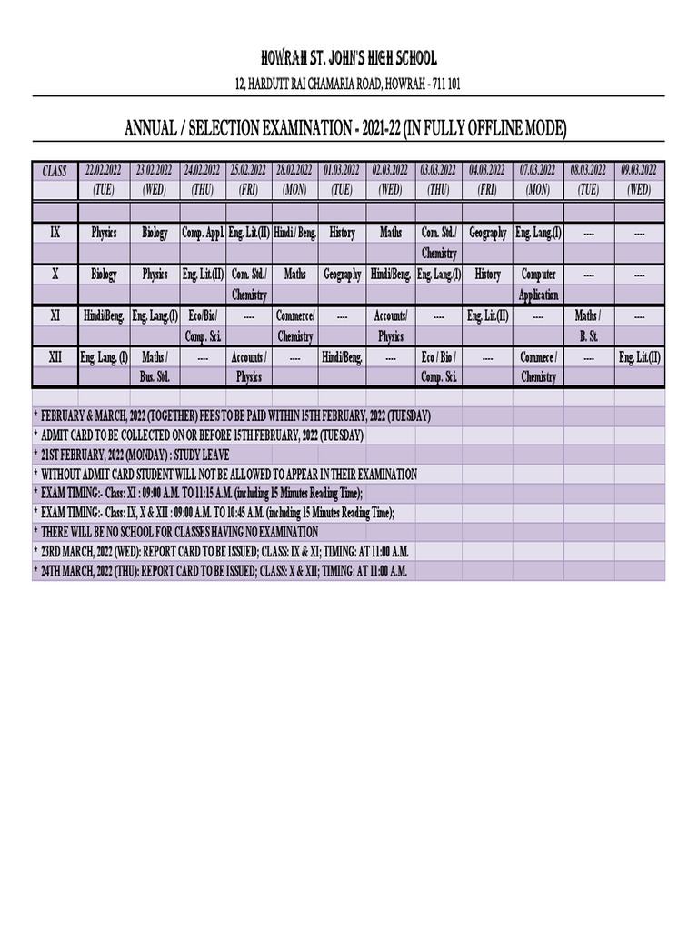 Annual Time table'22-MAIN - CL-9-12 - 08.02.2022 | PDF | Science ...
