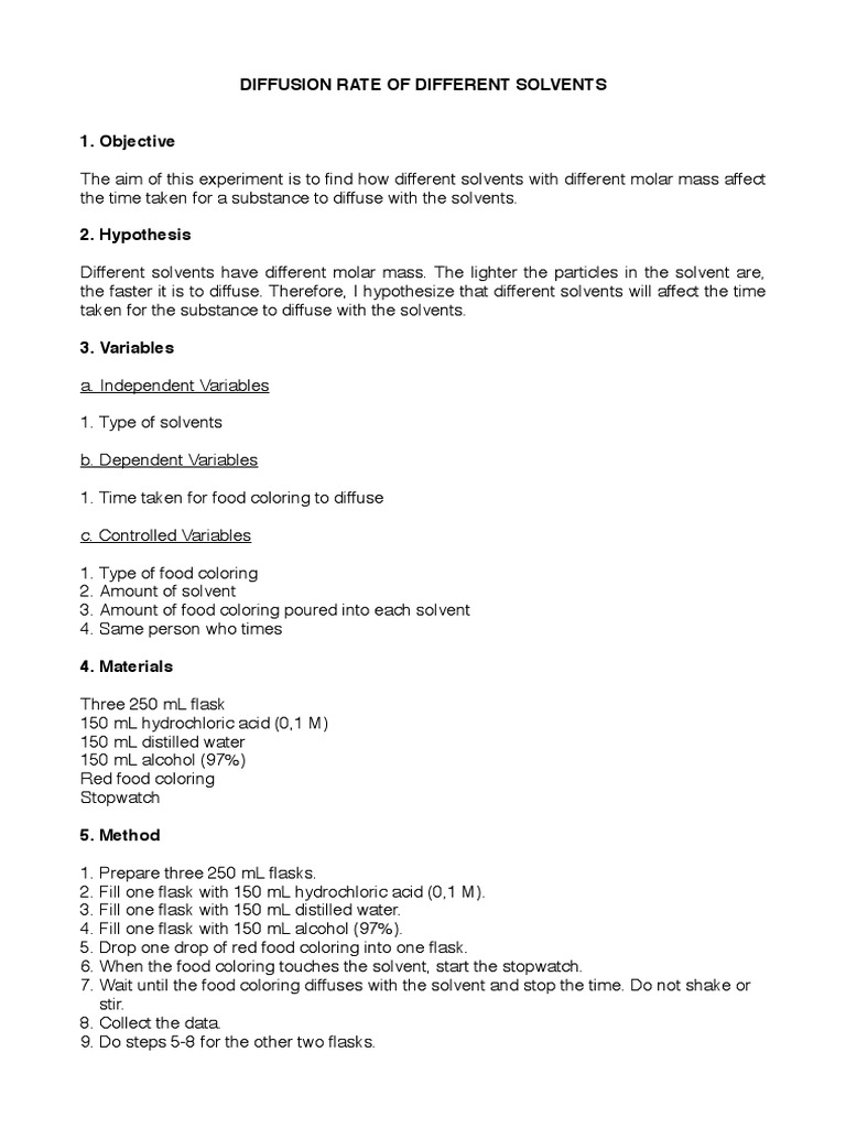 Diffusion Rate of Different Solvents | PDF | Diffusion | Experiment