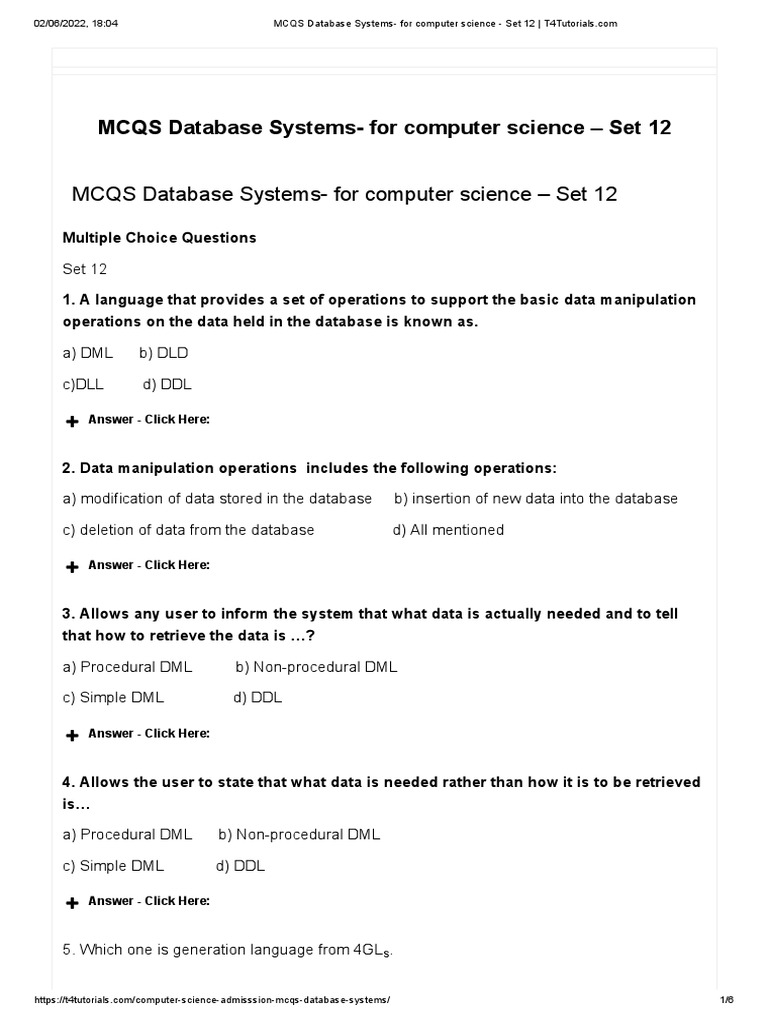MCQS Database Systems - For Computer Science - Set 12 | PDF | Databases ...