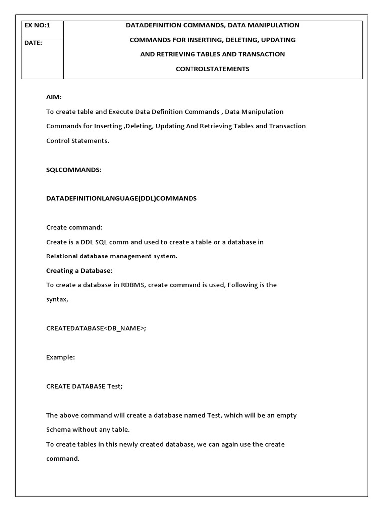 Ex No:1 Datadefinition Commands, Data Manipulation Commands For Inserting, Deleting, Updating ...