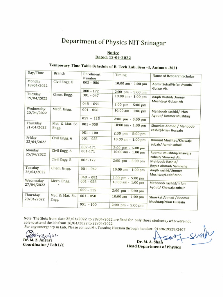 B. Tech. Lab Schedule Autumn 2021 | PDF