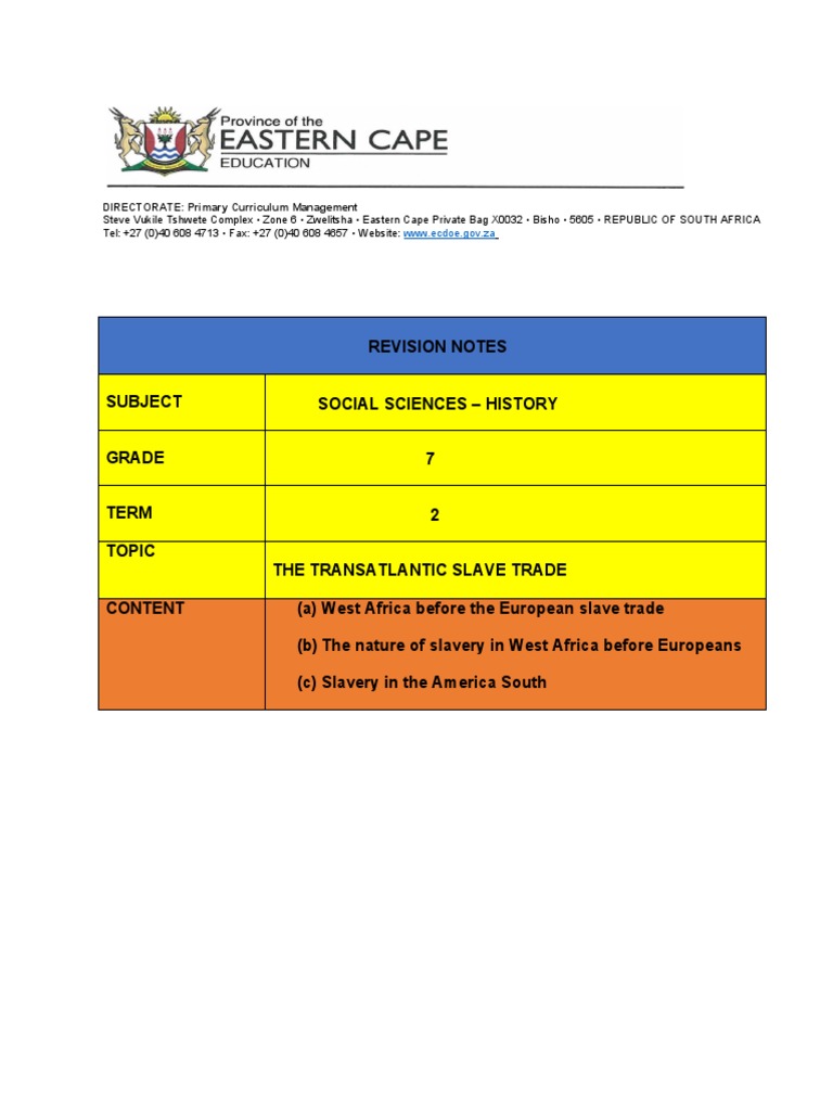 Grade 7 History: Transatlantic Slave Trade | PDF | Atlantic Slave Trade ...