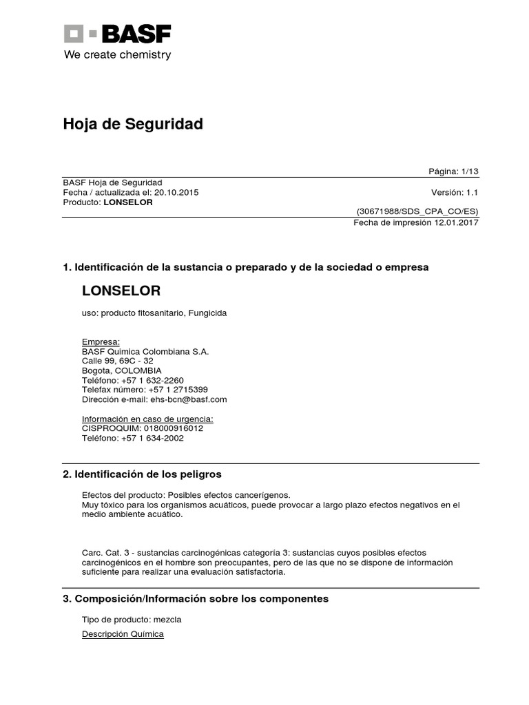 Hoja de Seguridad Lonselor Fungicida | PDF | Agua | Carcinógeno