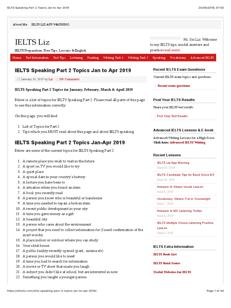 IELTS Speaking Part 2 Topics Jan To Apr 2019 PDF | PDF | International ...