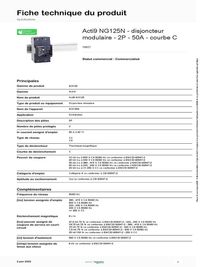 Disjoncteur Acti9 NG125N 2P 50A Courbe C | PDF | Matériaux | Déchets