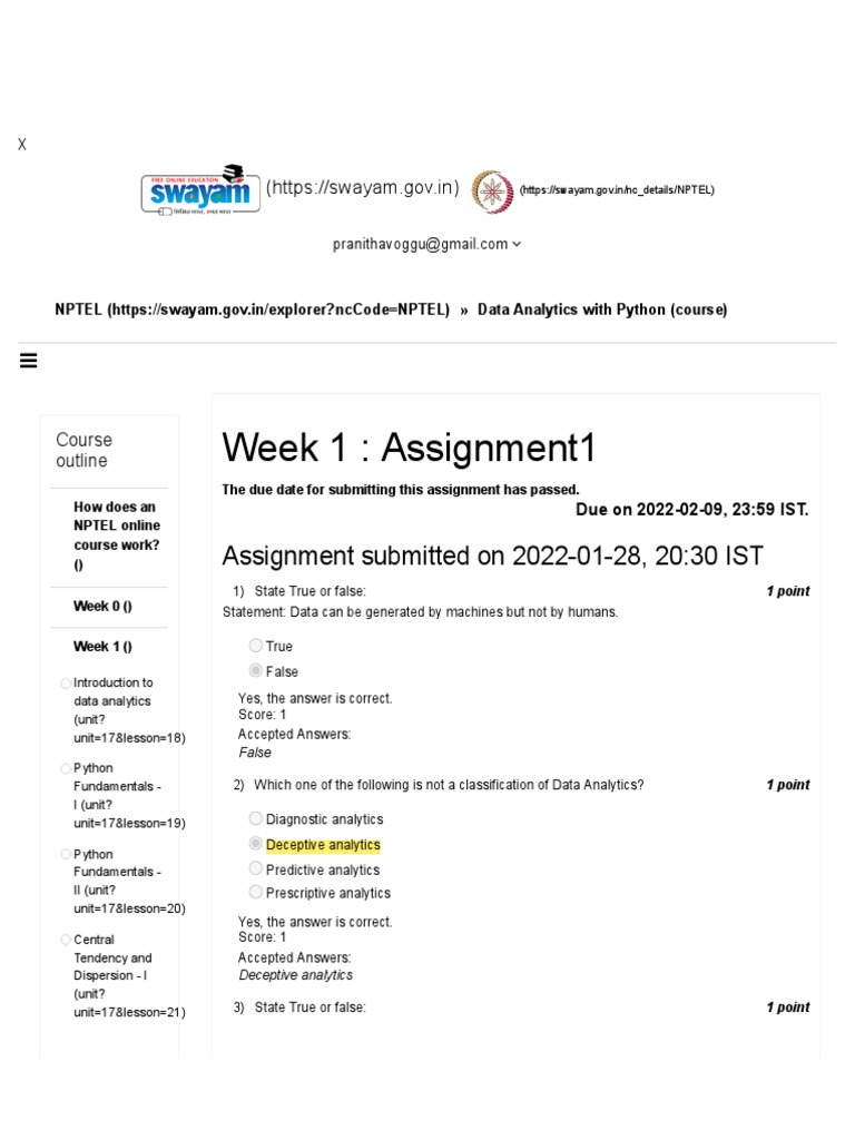Week 1: Assignment1: Assignment Submitted On 2022-01-28, 20:30 IST | PDF | Type I And Type Ii ...