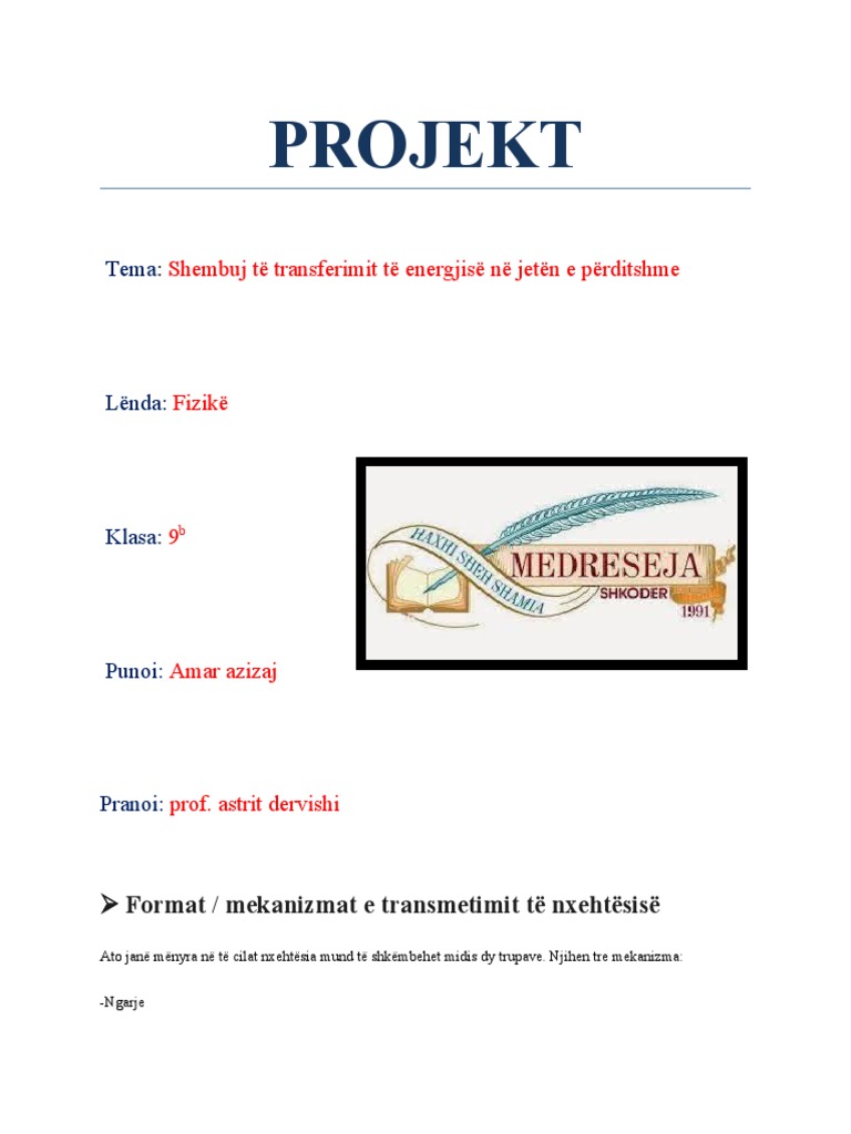 Projekt: Shembuj Të Transferimit Të Energjisë Në Jetën e Përditshme | PDF