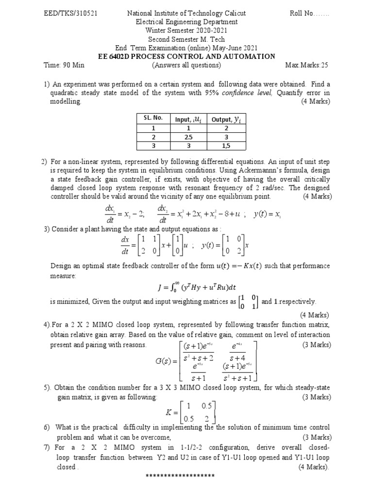 2021 - QP - PCA - End Term Exam | PDF | Control Theory | Matrix ...