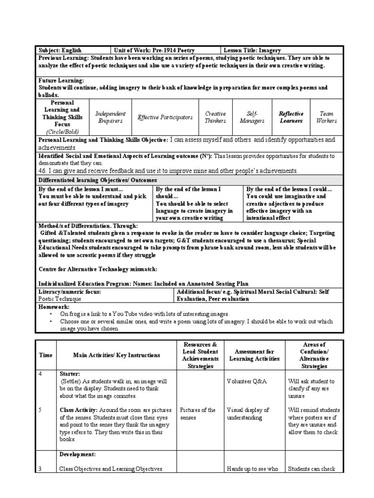 Lesson Plan For Observation | PDF | Poetry | Learning