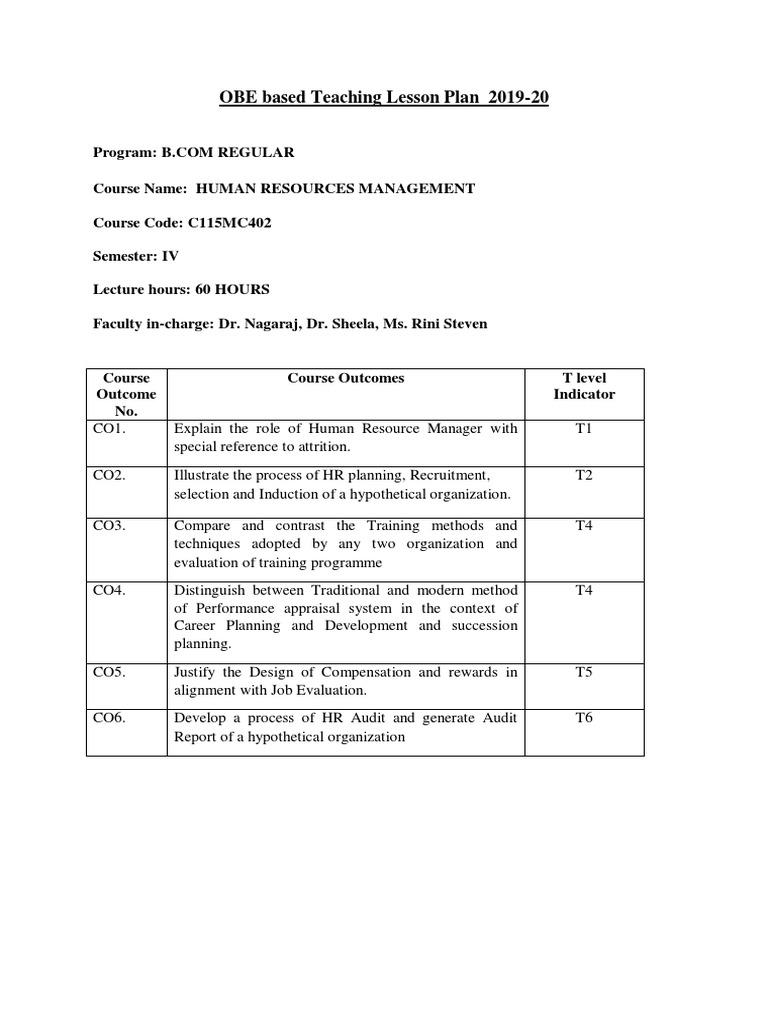 OBE Based Teaching Lesson Plan 2019-20 | PDF | Human Resource ...