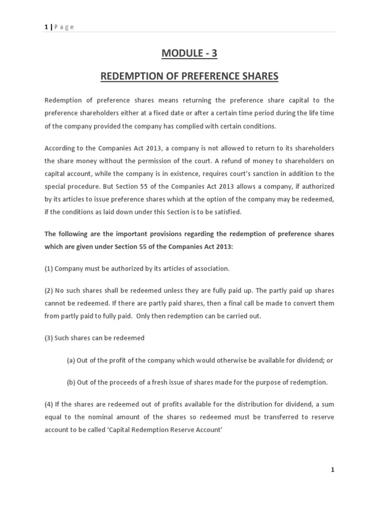 Redemption of Preference Shares Under Companies Act 2013 | PDF ...