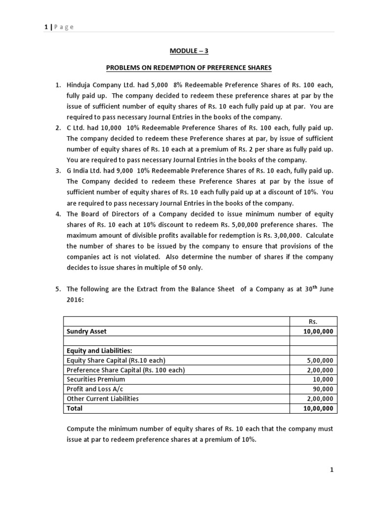 Journal Entries for Preference Share Redemption | PDF | Equity (Finance ...