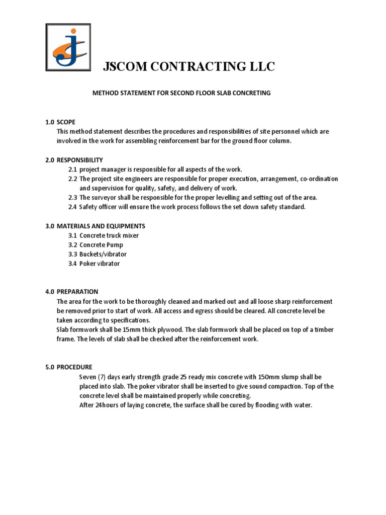 Method Statement for Pouring and Finishing a Second Floor Concrete Slab ...