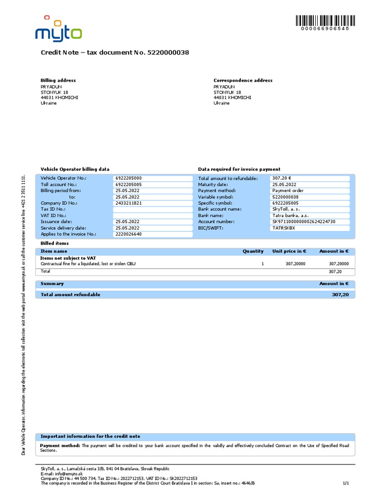 Credit Note - Tax Document No. 5220000038: Items Not Subject To VAT ...