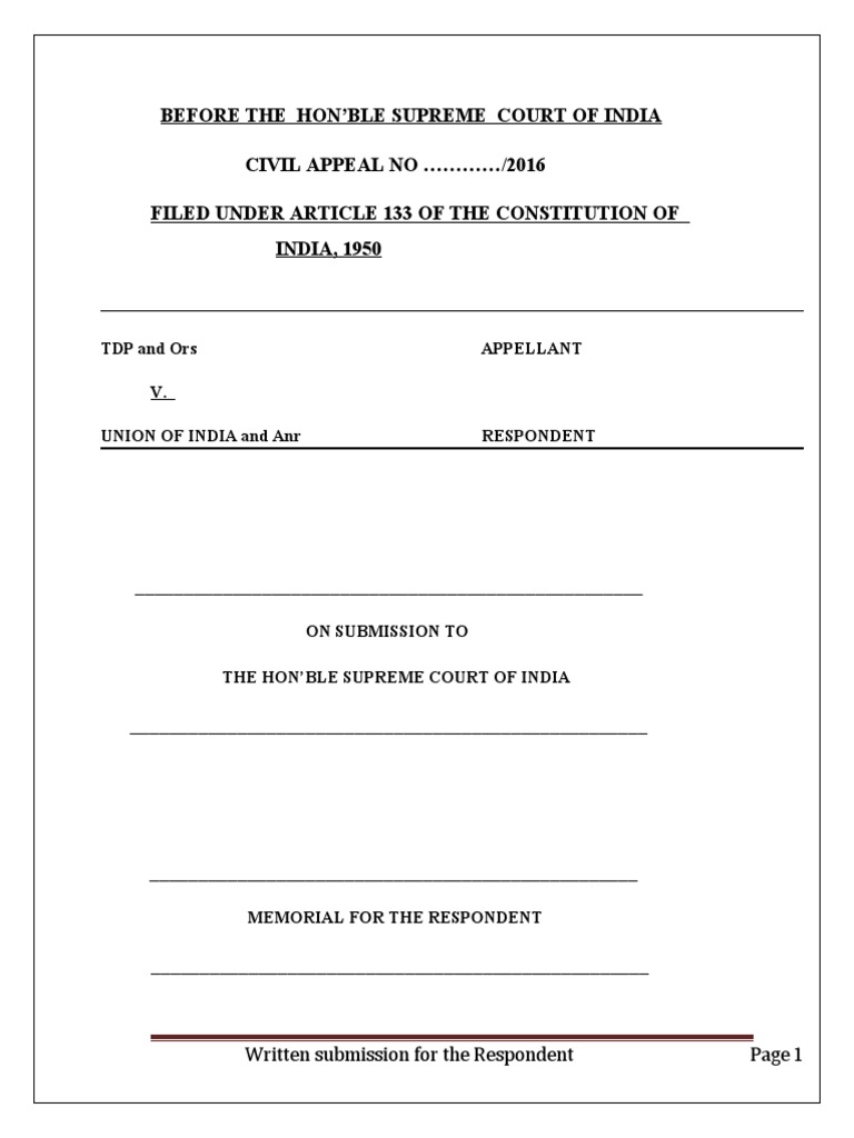 CIVIL APPEAL NO /2016 Filed Under Article 133 of The Constitution of ...