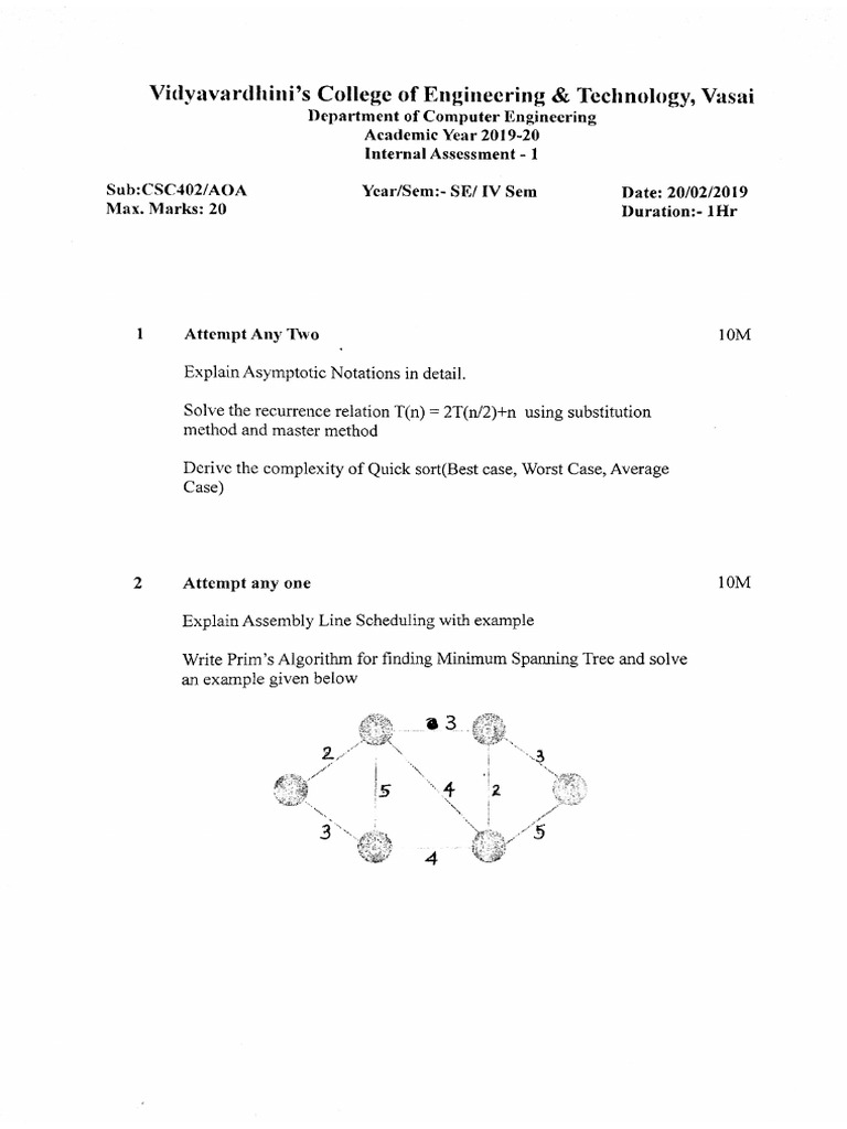 Analysis of Algorithm (AOA) TT1 (SEM4 2019-20) | PDF