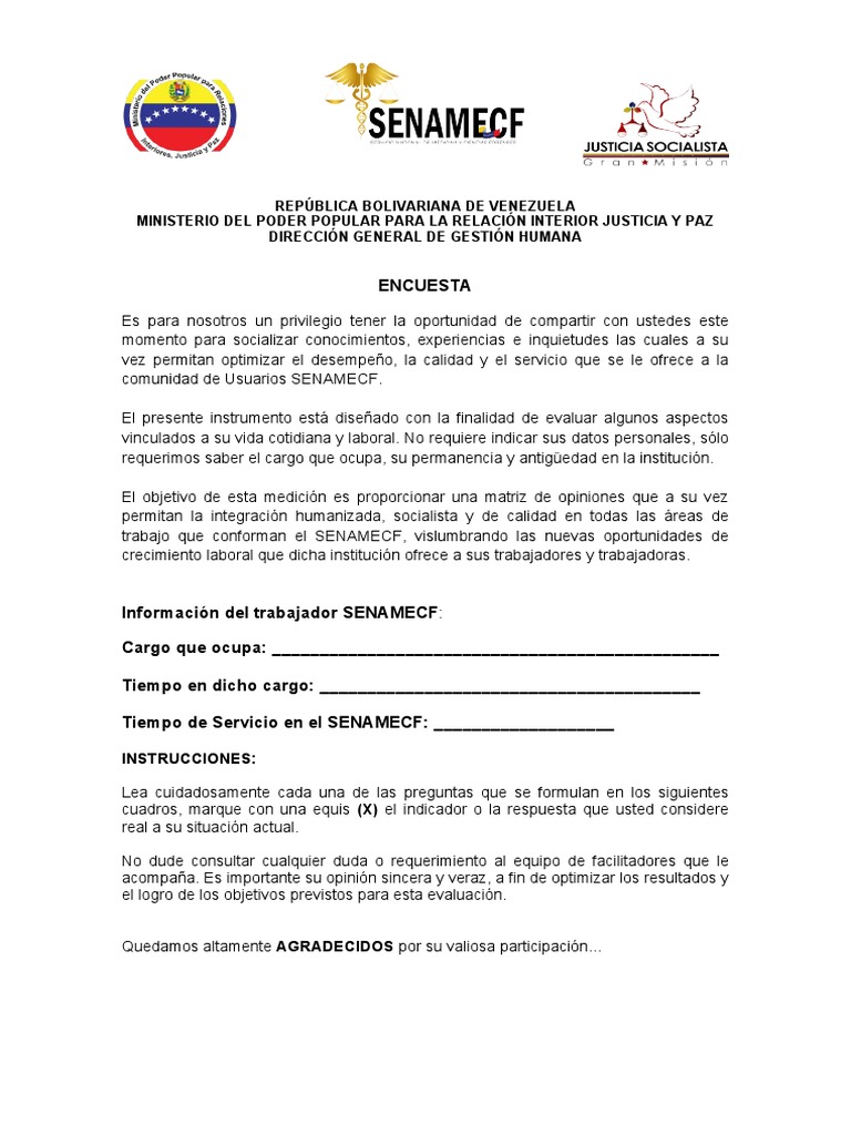 Encuesta sobre SENAMECF en Venezuela | PDF | Institución