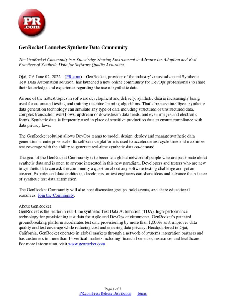 GenRocket Launches Synthetic Data Community | PDF | Automation | Computing