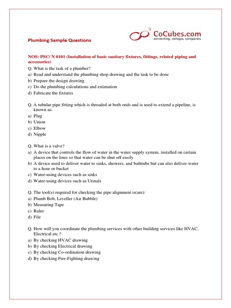 Plumbing Sample Questions | Download Free PDF | Plumbing | Pipe (Fluid ...