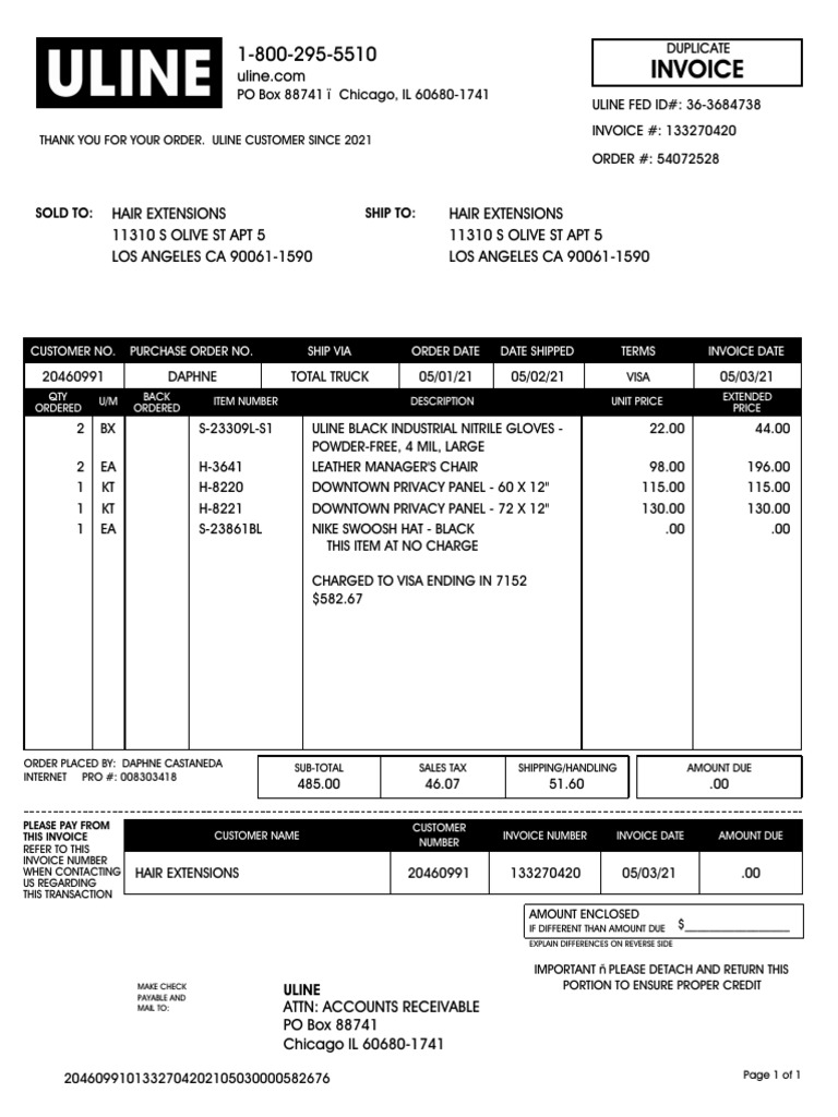 Uline Invoice 133270420 106882944 1 | PDF | Invoice | Payments