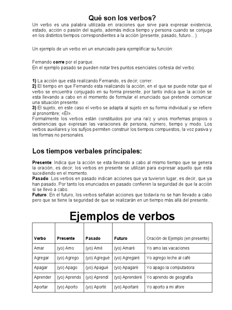 Definición y tipos de verbos | PDF | Verbo | Tiempo gramatical