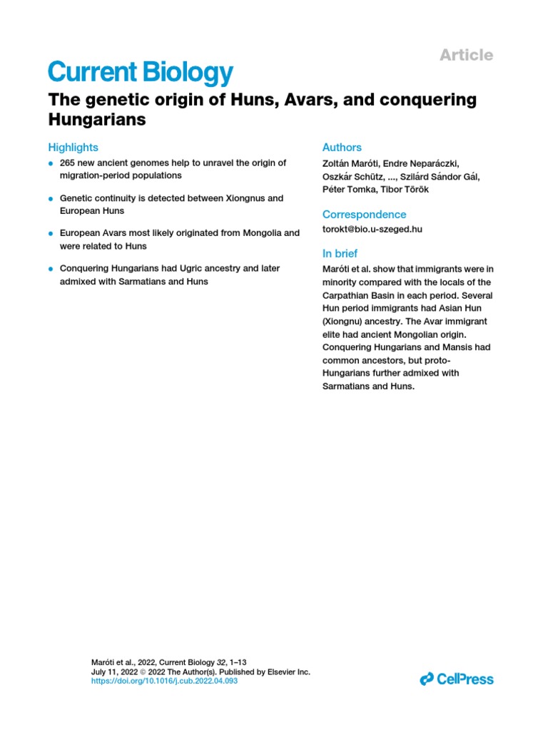 The Genetic Origin of Huns, Avars, and Conquering Hungarians | PDF ...