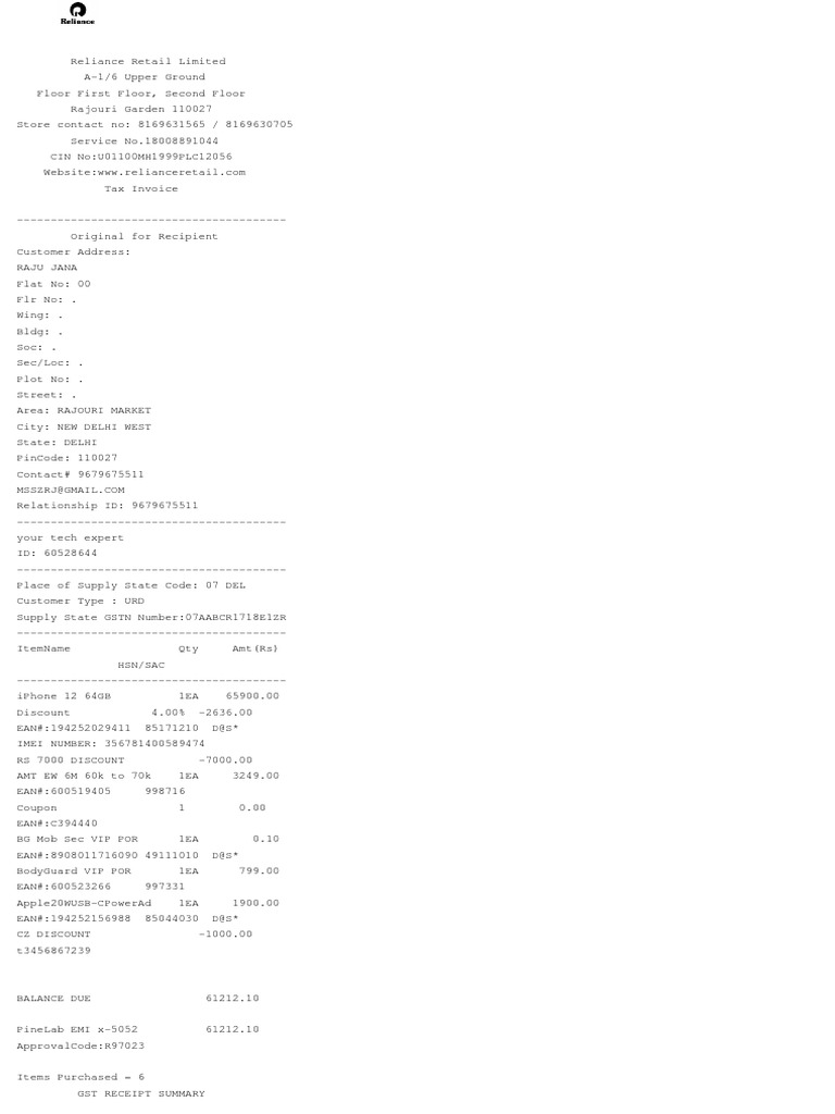 Reliance Retail tax invoice summary with iPhone purchase | PDF | Taxes ...