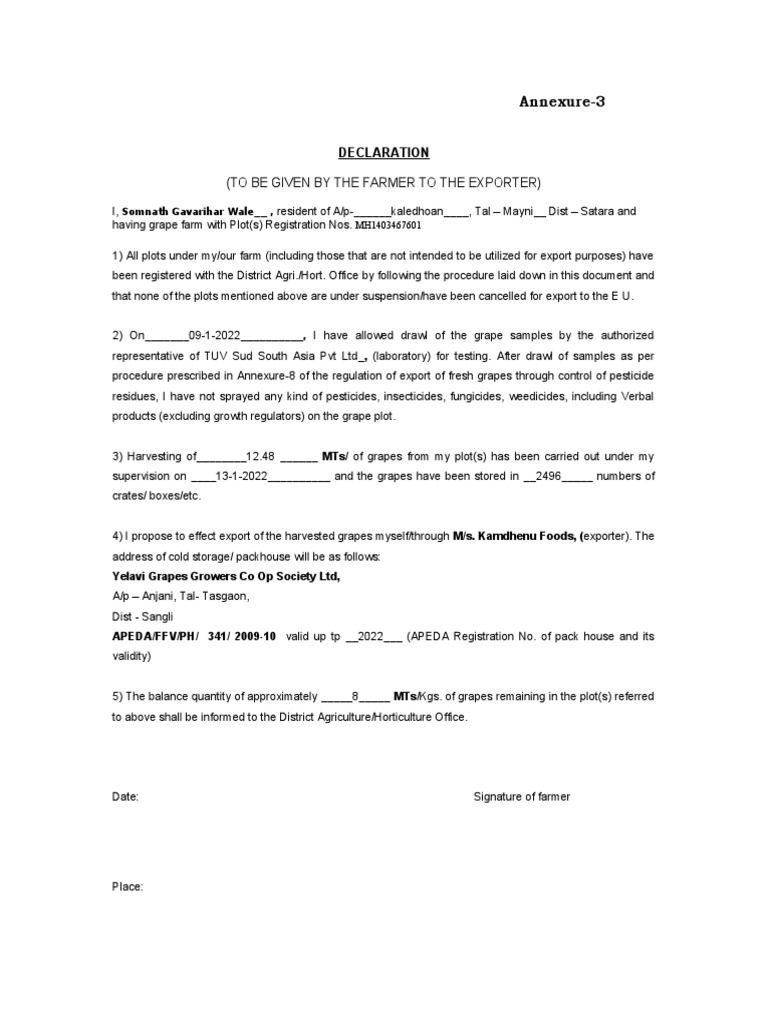 (To Be Given by The Farmer To The Exporter) : Declaration | PDF